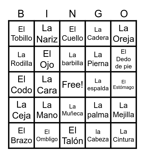 El Cuerpo Bingo Card