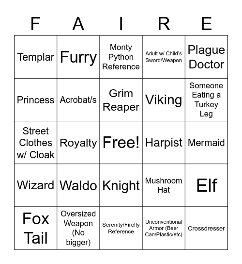 Renaissance Faire Bingo Card