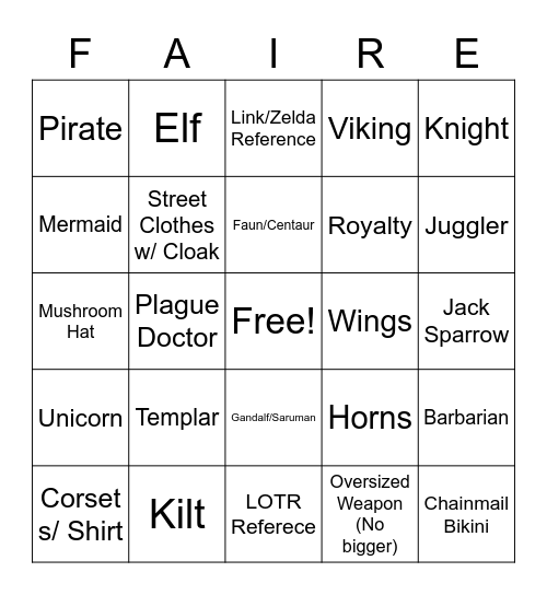 Renaissance Fair Bingo Card