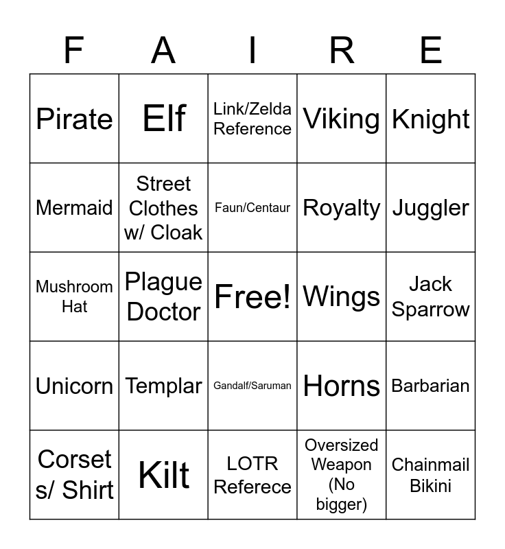 Renaissance Fair Bingo Card