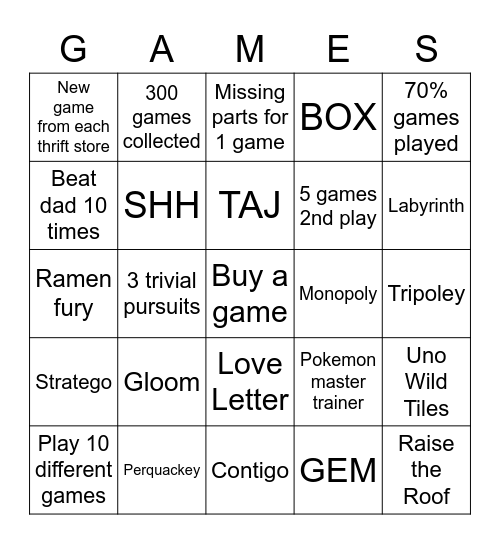 Games Bingo Card Games Bingo Card
