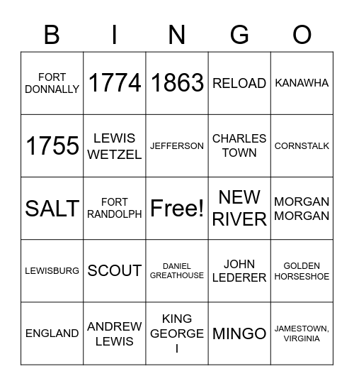 Western Virginia Frontier Bingo Card