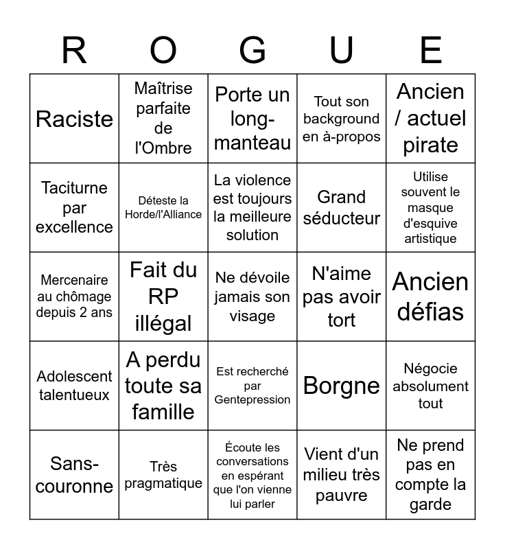 Bingo du Rogue Bingo Card