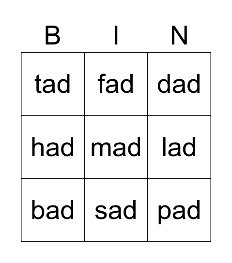 -ad Word Family Bingo Card