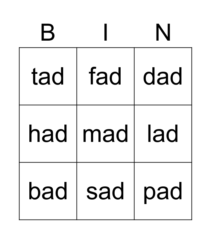 -ad Word Family Bingo Card