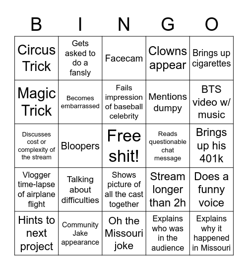Jerma985 Baseball BTS Bingo Card