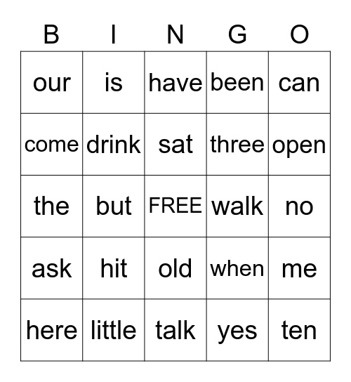 Sight Word Bingo Card
