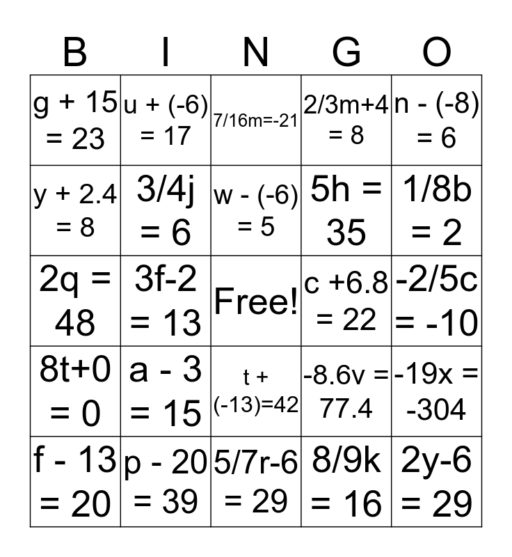 Linear Equations Bingo Card