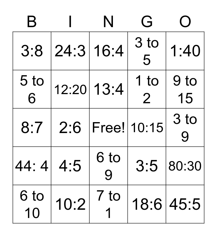 Equivalent Ratios Level 1 Bingo Card