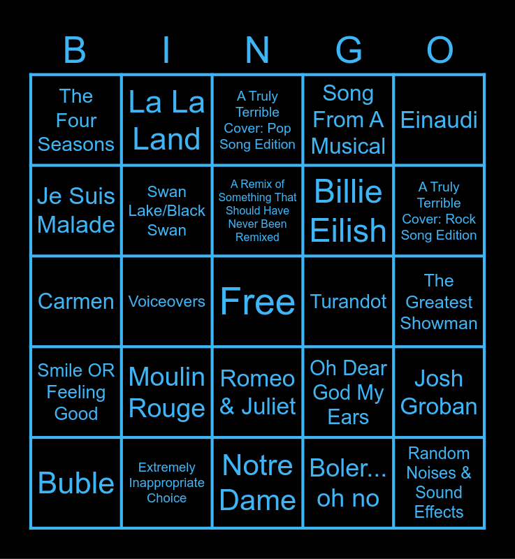 JGP Music Choices Bingo Card