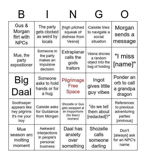 Known Lands Pilgrims Bingo Card