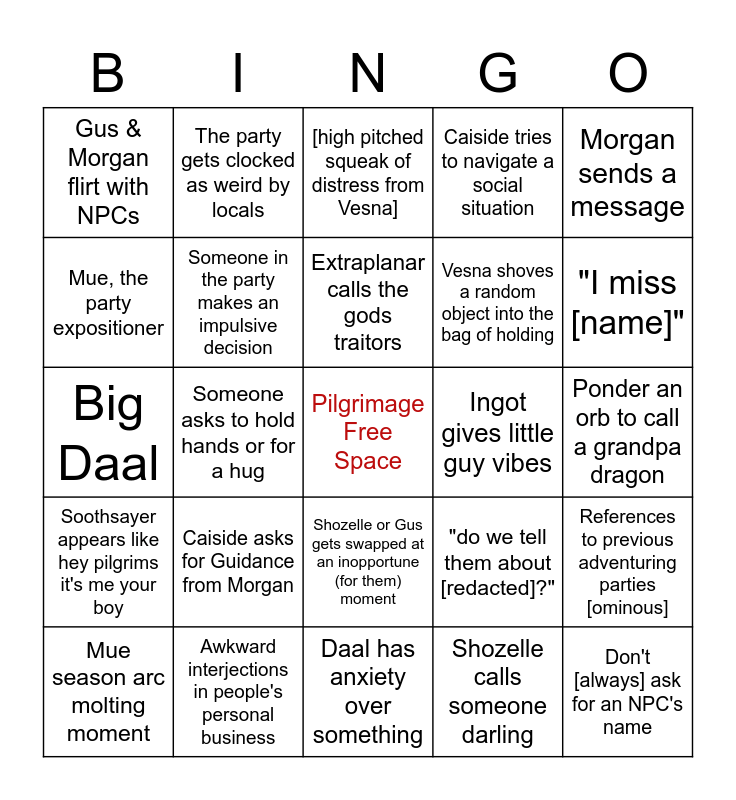 Known Lands Pilgrims Bingo Card