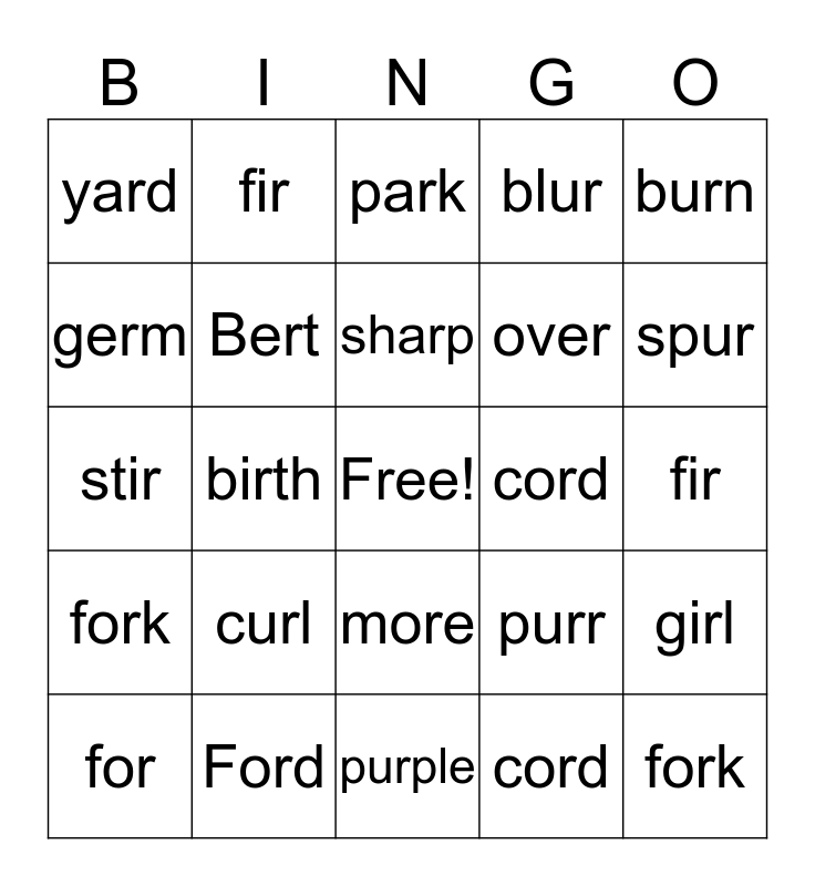 1 Syllable "R" Pattern Words Bingo Card