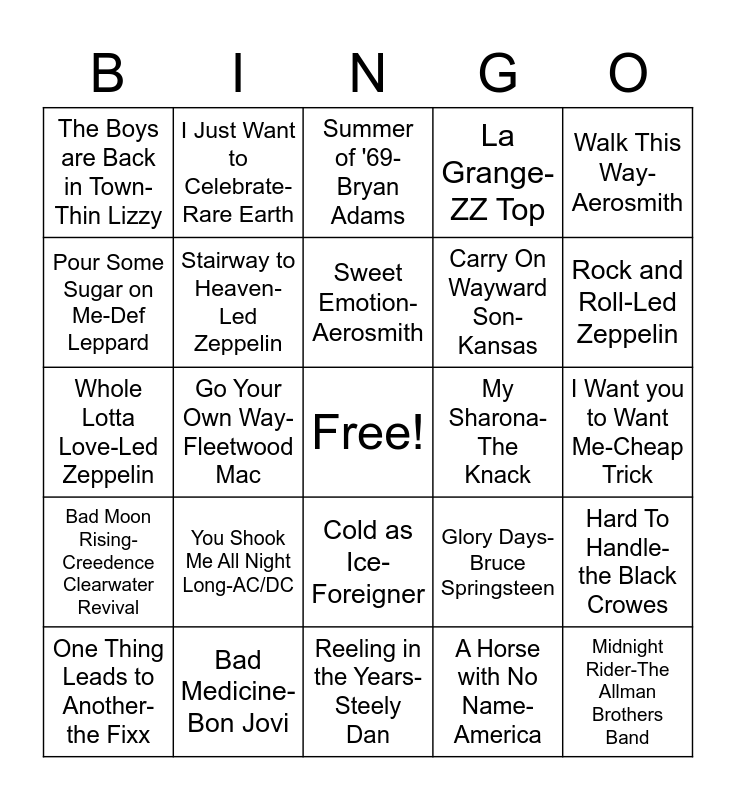 BINGO-Classic Rock Bingo Card