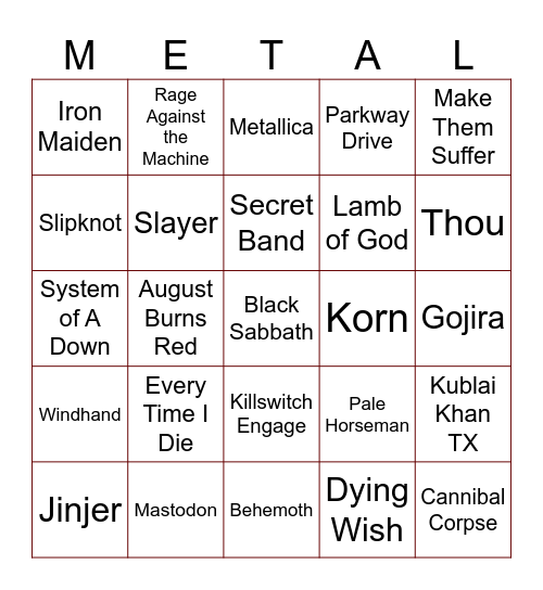Metal Bingo Round 1 Bingo Card