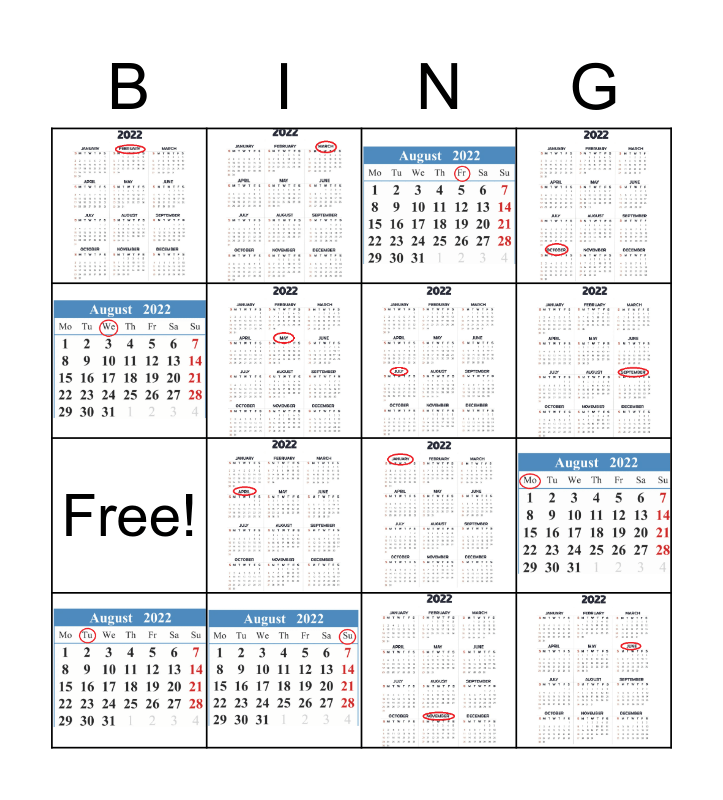 Los días de la semana y los meses Bingo Card