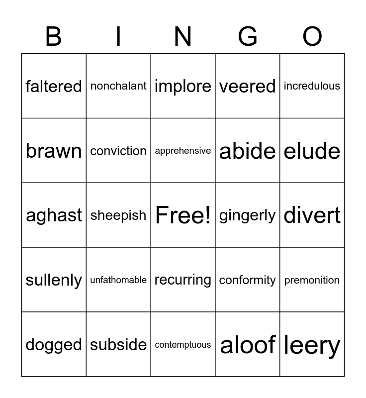 The Outsiders Vocab Bingo Card