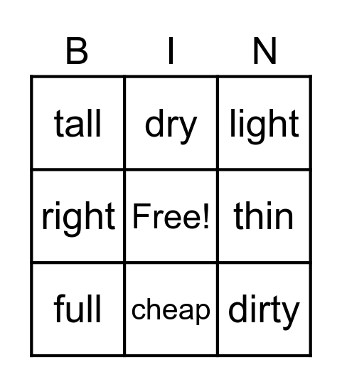 Opposite Bingo Card