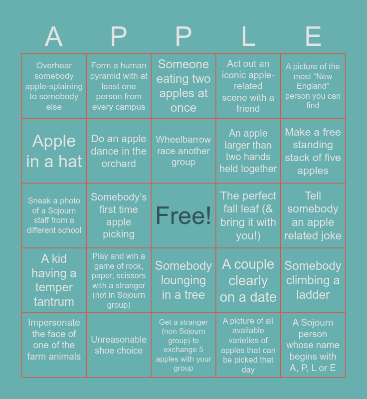 Sojourn Apple Picking! Bingo Card