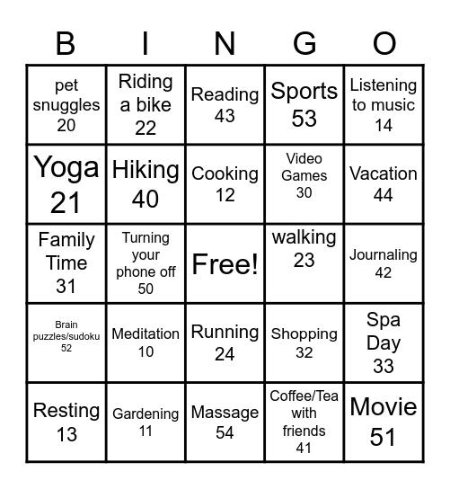 Self -Care September! Bingo Card