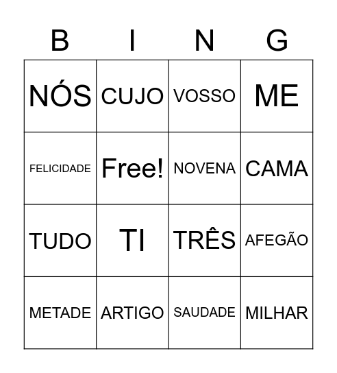 CLASSE DE PALAVRAS Bingo Card