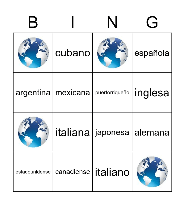 Nacionalidades Bingo Card