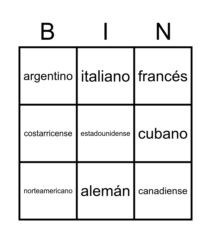 Nacionalidades Bingo Card