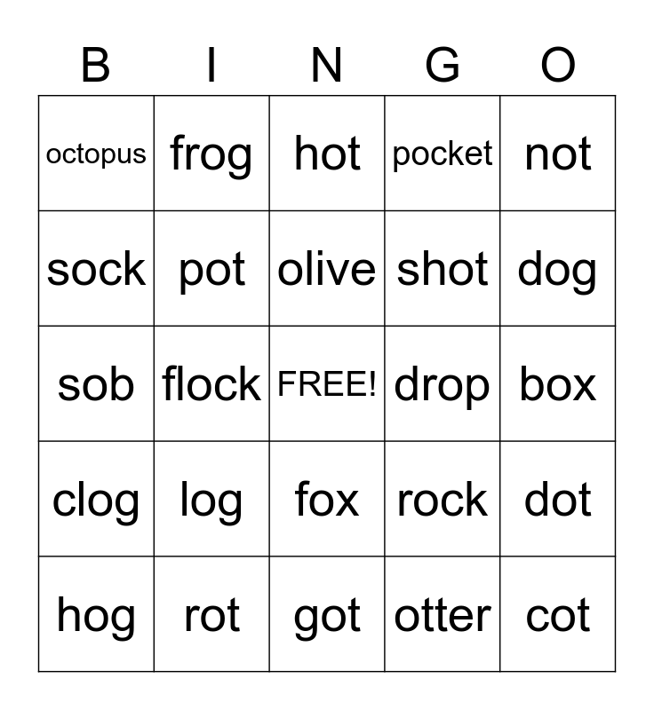 Short o Bingo Card