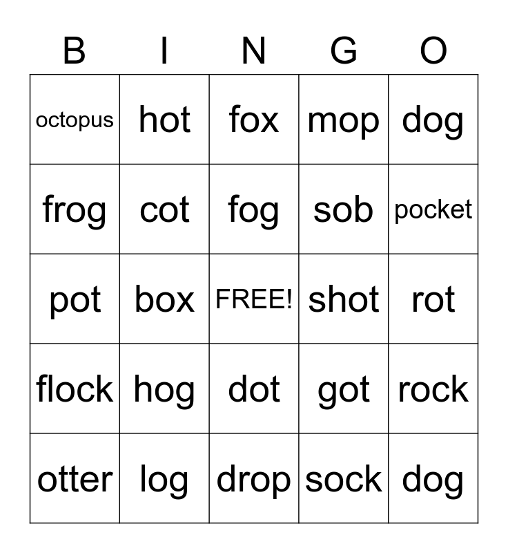 Short o Bingo Card