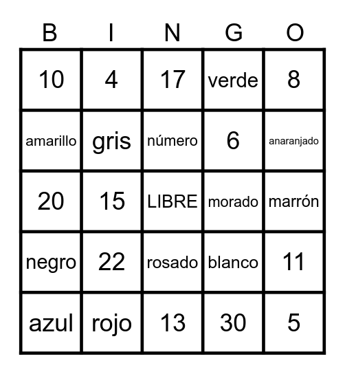 Spanish Numbers Bingo Card