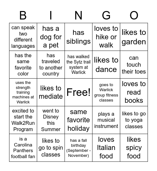 Walk2Run Bingo Card
