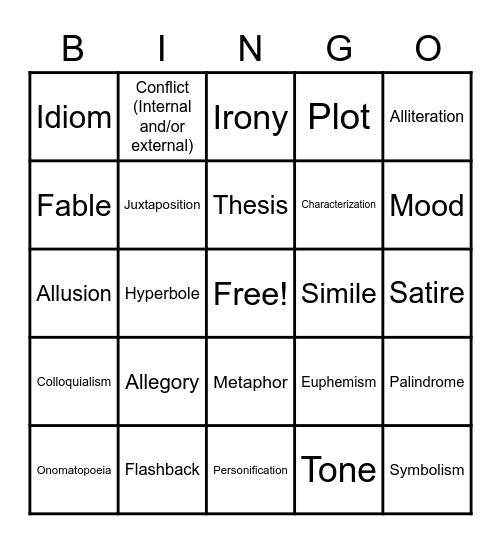 Literary Device Bingo Card