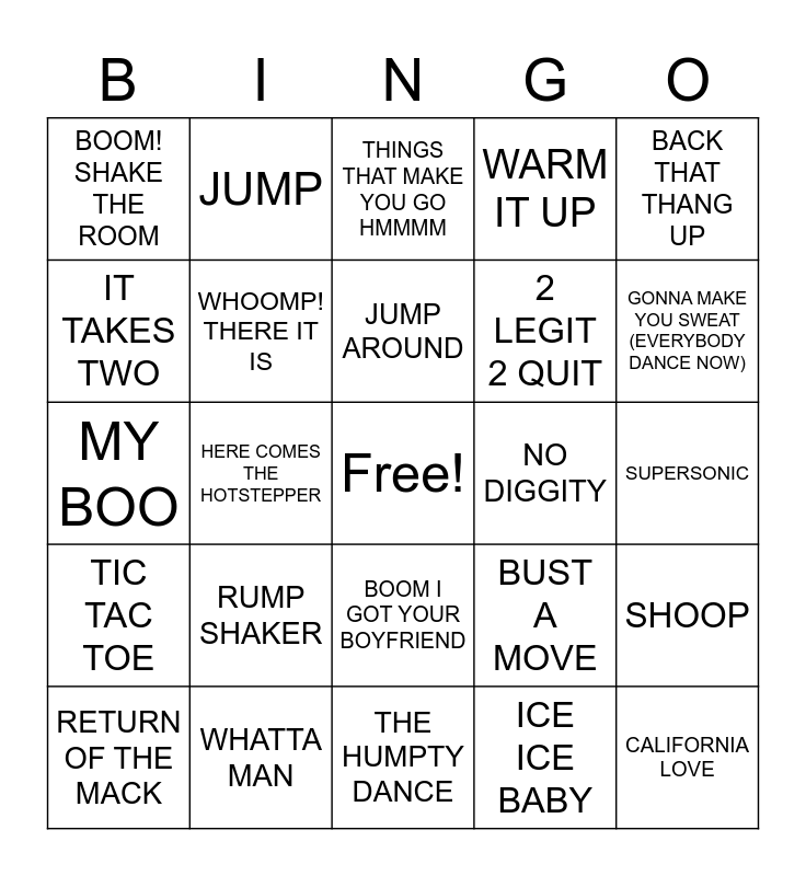 90'S HIP HOP Bingo Card