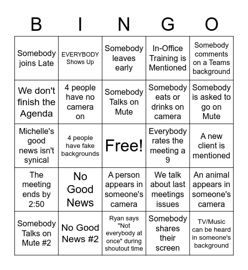 Bi Weekly Meeting Bingo Card