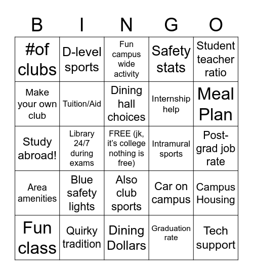 COLLEGE TOUR 2022 Bingo Card