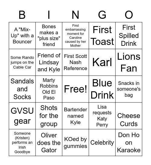 Bar Crawl Bingo Card Bar Crawl Bingo Card
