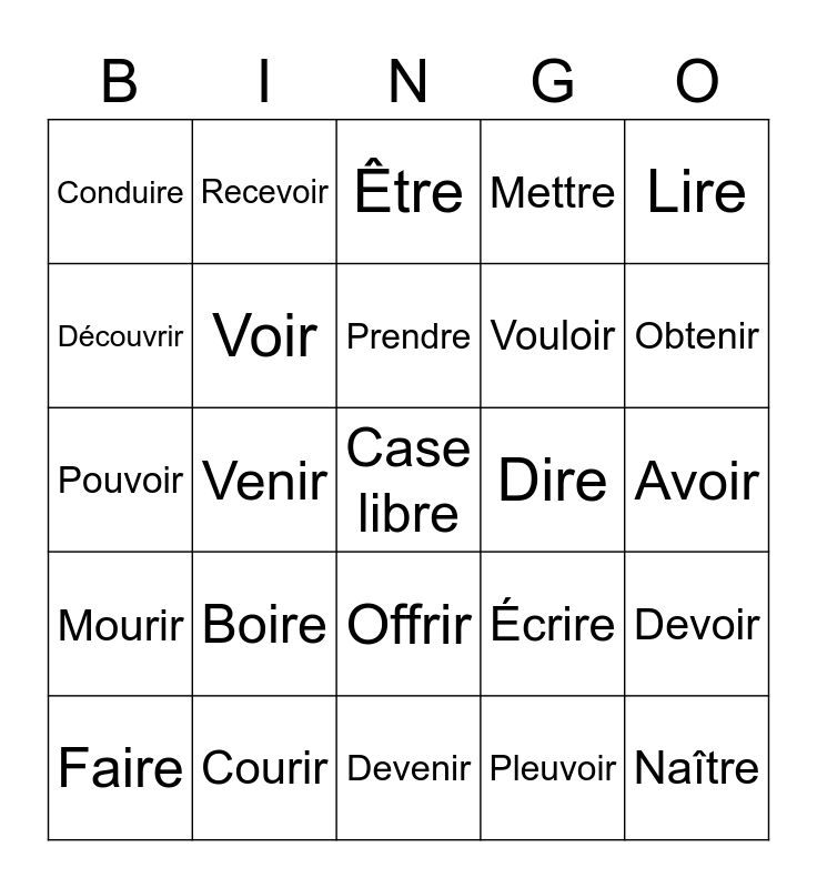 Le passé composé – participes passes irréguliers Bingo Card
