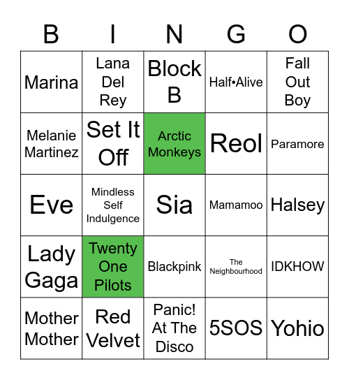 Favorite Music Artists Bingo Card