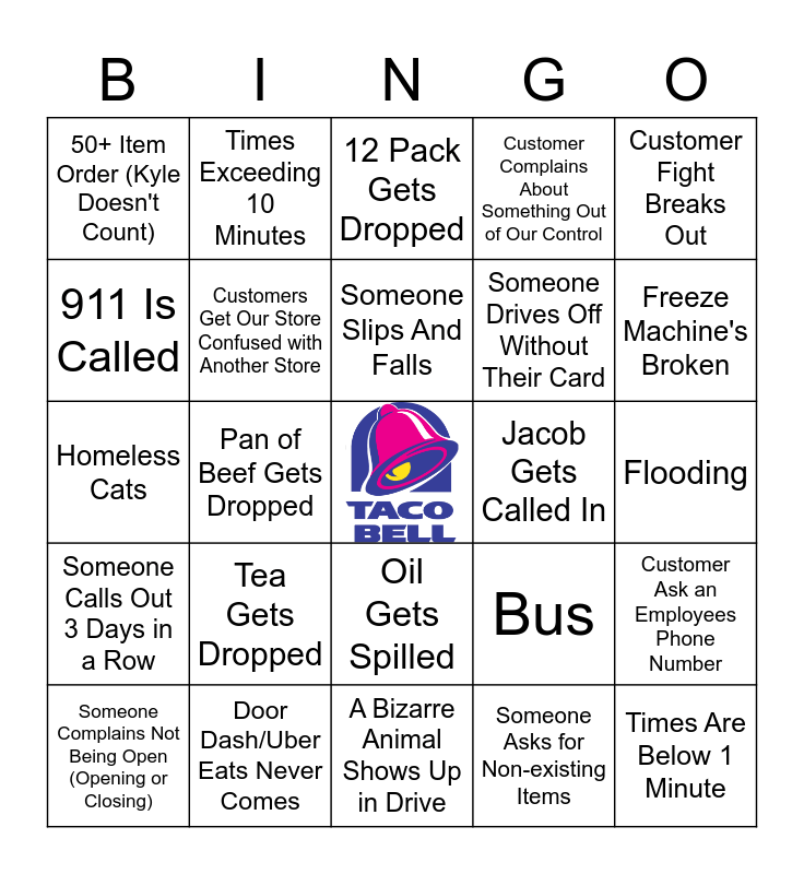 Taco Bell Bingo Card