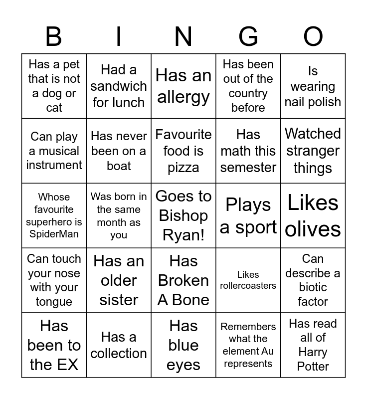 Get to Know You Class Bingo Card