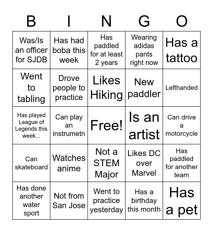 SJDB Bingo Card