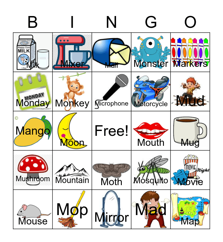 Letter "M" Bingo Card