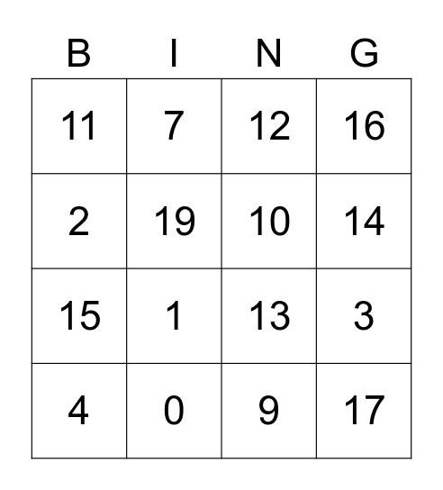 Number 1-20 Beg1.1 Bingo Card