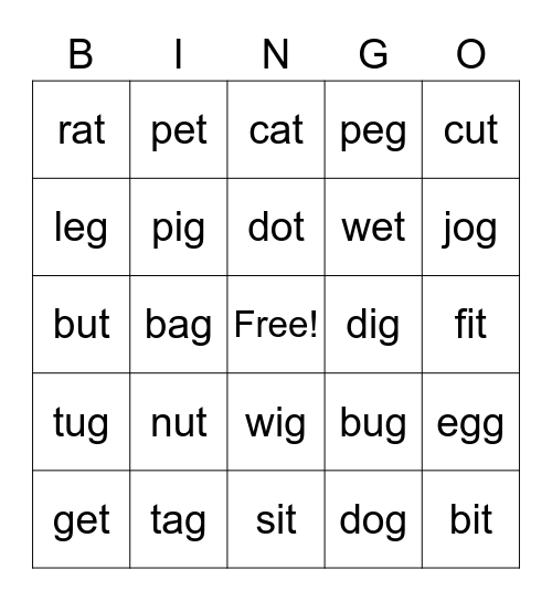CVC (-g, -t) Word Bingo Card