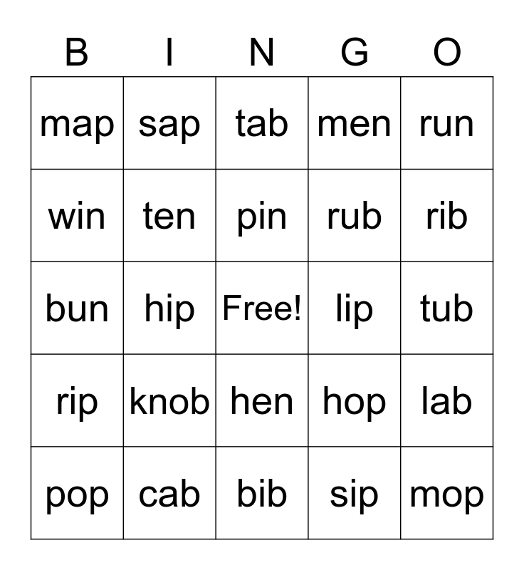 CVC (-n,-p,-b) Bingo Card
