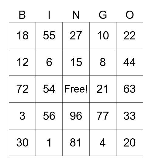 Math Facts Bingo Bingo Card