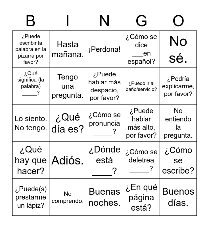 - Frases útiles en la clase de español - Bingo Card