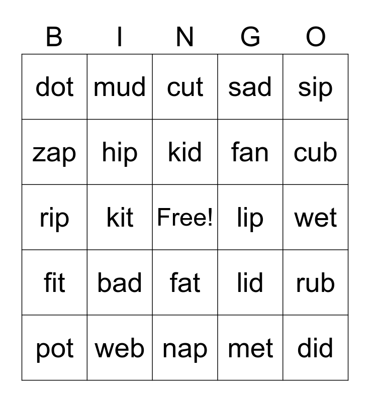 Short Vowel Words (CVC) Bingo Card