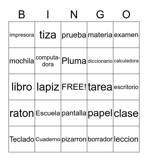 En la escuela Bingo Card