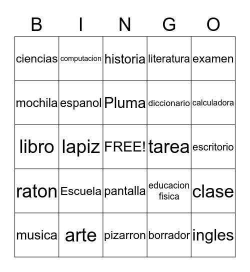 En la escuela Bingo Card